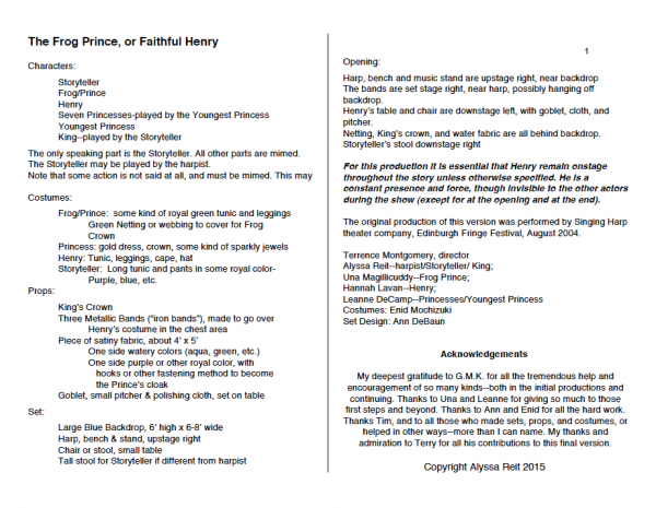 The Frog Prince, or Faithful Henry – Harp Column Music