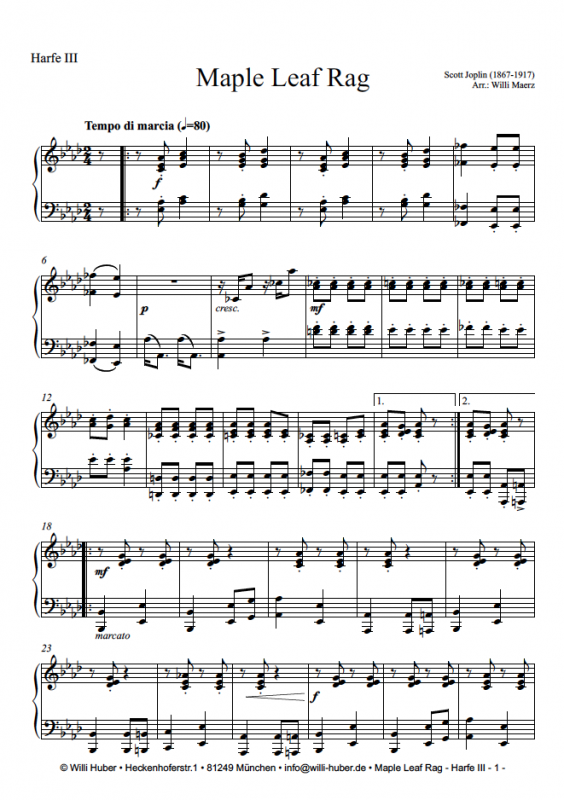 Maple Leaf Rag (quartet version) – Harp Column Music