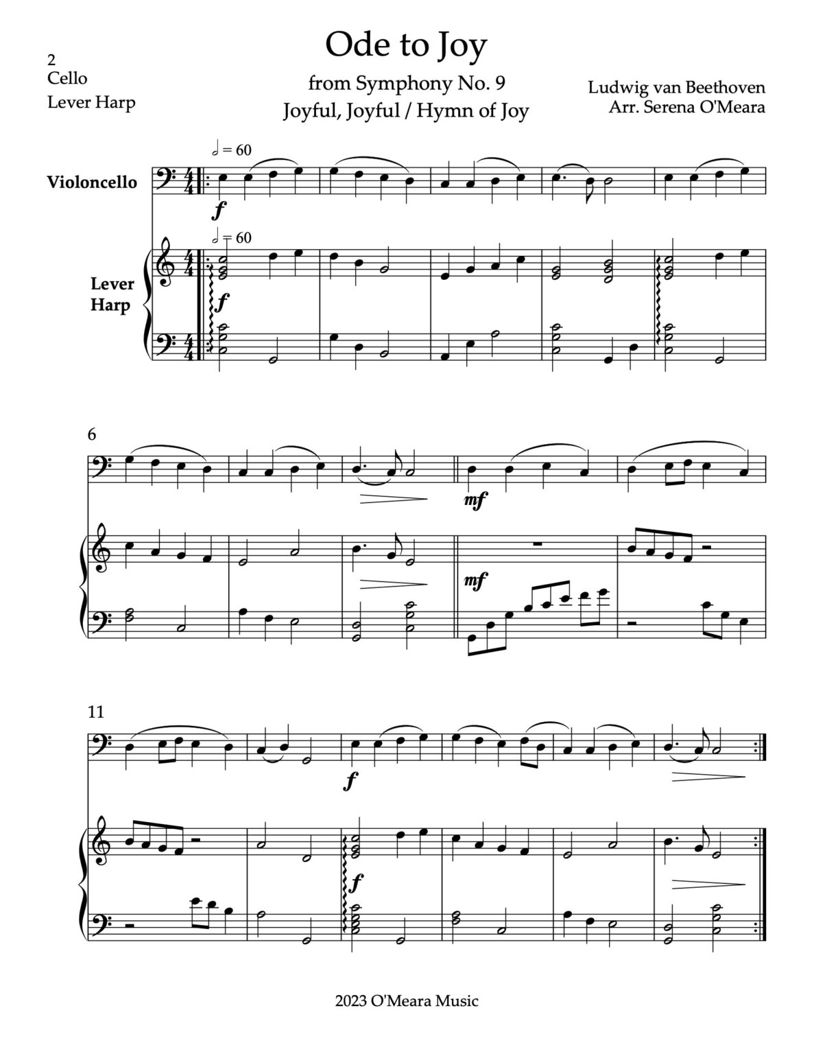 Ode to Joy (Lever Harp and Melody Instrument) – Harp Column Music