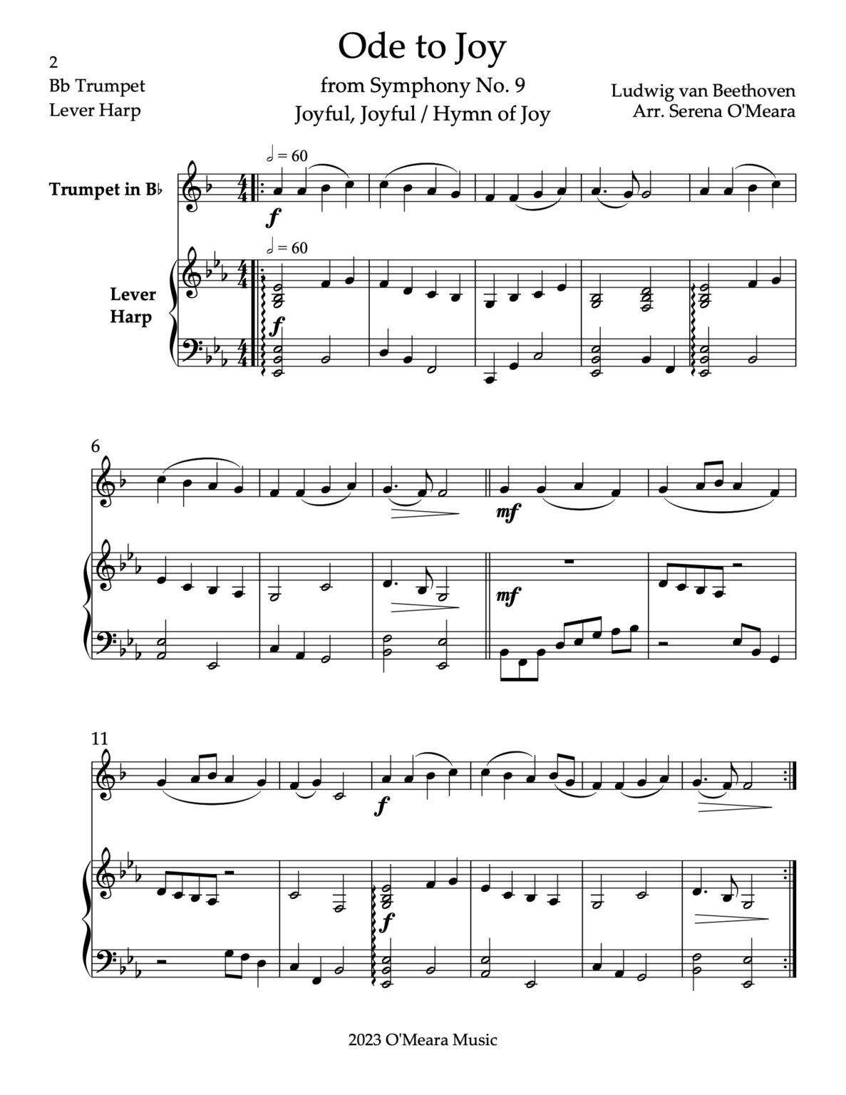Ode to Joy (Lever Harp and Melody Instrument) – Harp Column Music